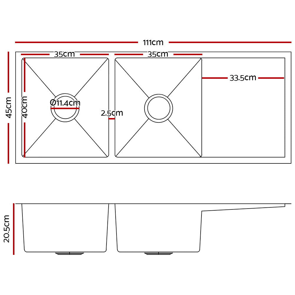 Cefito Stainless-steel Kitchen Sink Silver Under/Top/Flush Mount 111cm ...